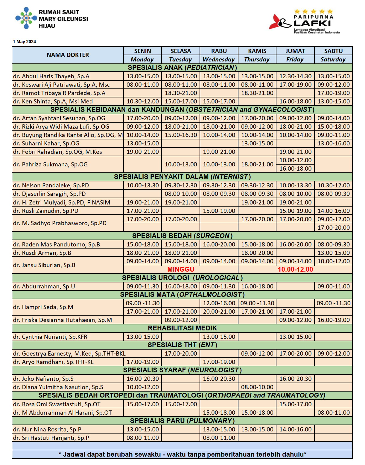 Jadwal Dokter - Rumah Sakit Mary Cileungsi Hijau
