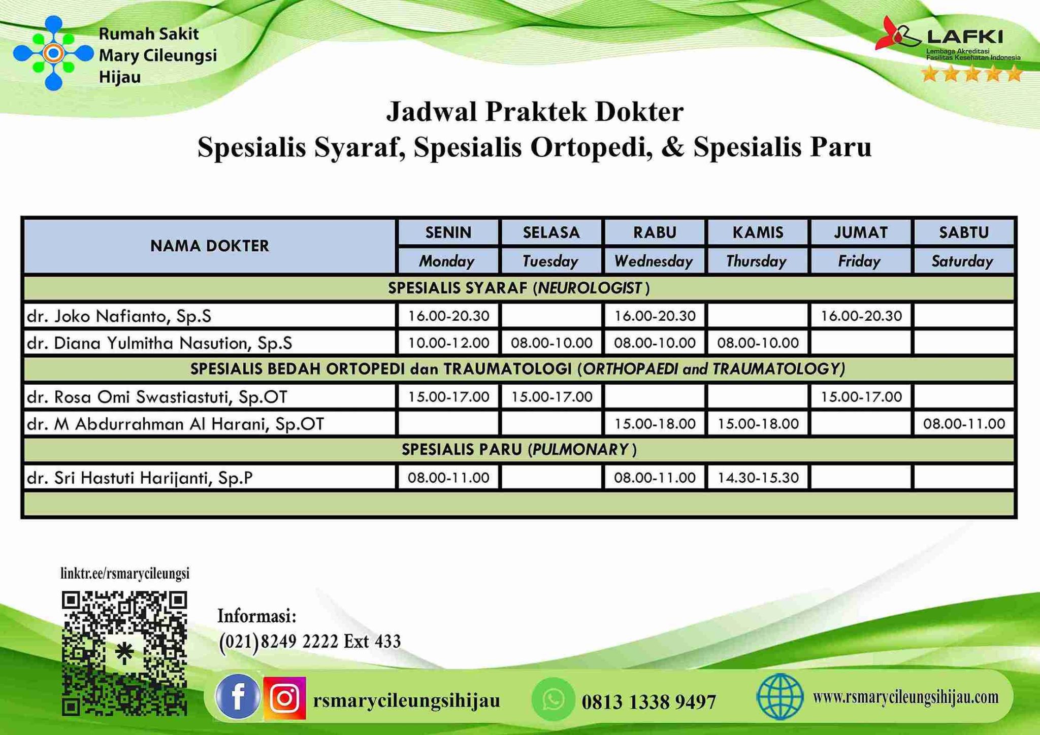 Jadwal Dokter - Rumah Sakit Mary Cileungsi Hijau